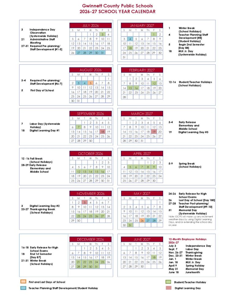 Gwinnett County Schools Calendar 2026-2027 | School Holidays
