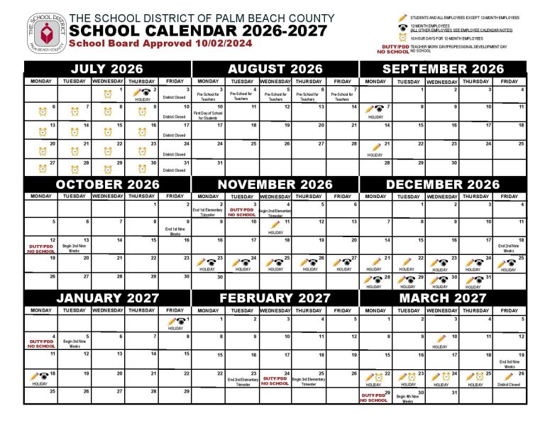 Palm Beach County School Calendar 2026-2027 in PDF