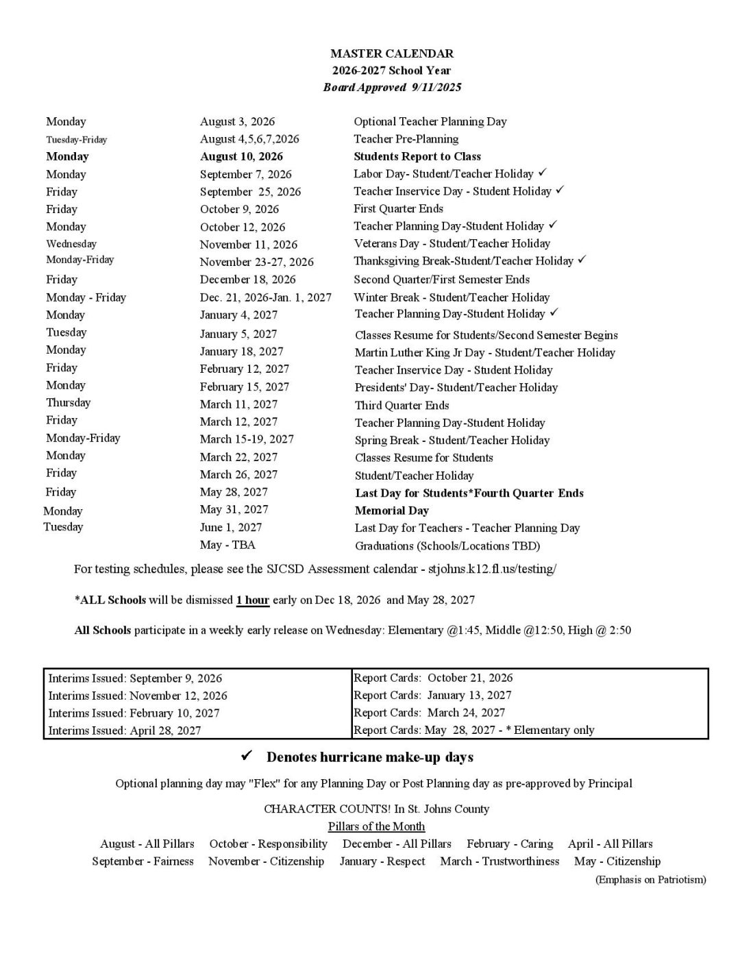 St Johns County Schools Calendar 2026-2027 | SJCSD Holidays