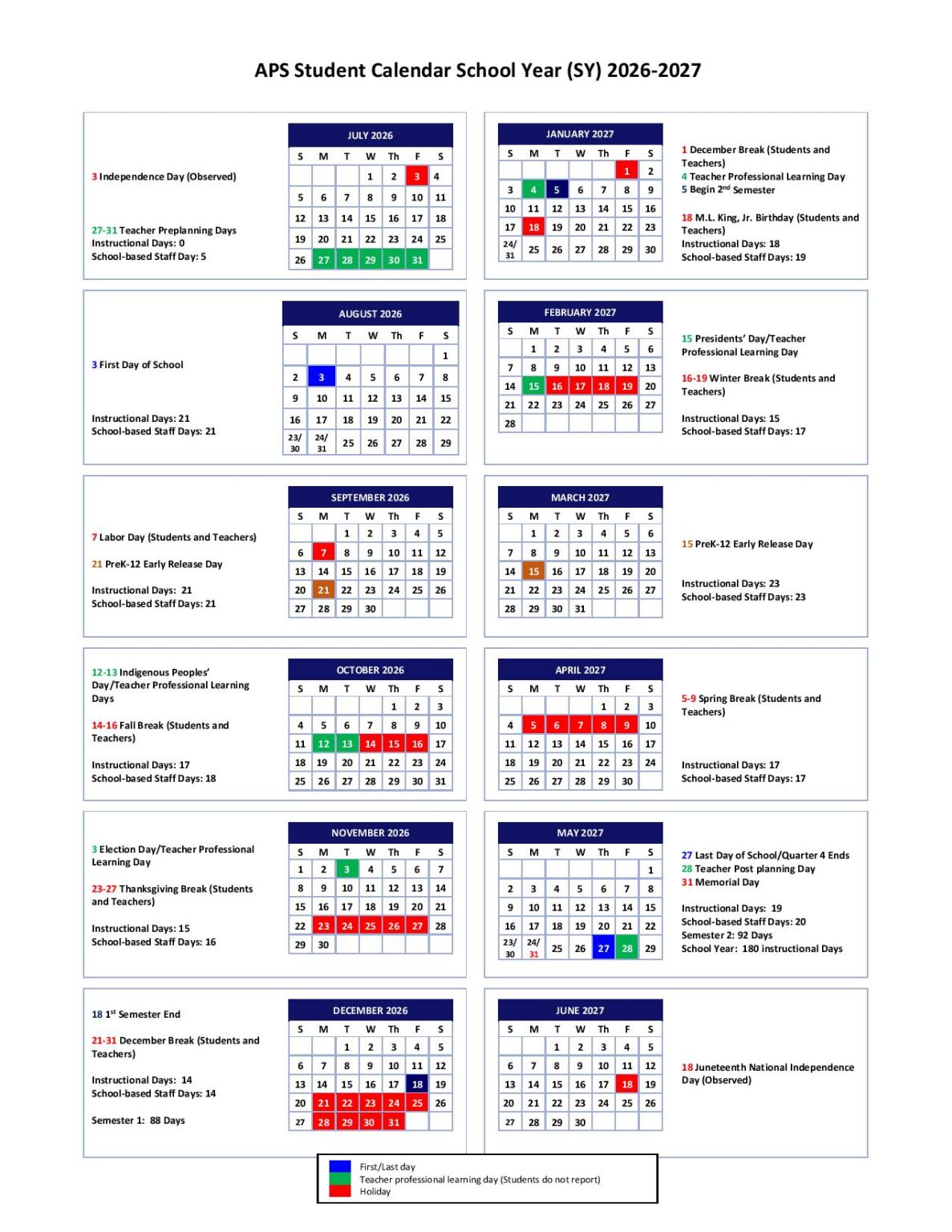 Atlanta Public Schools Calendar 2026-2027 | APS Holidays