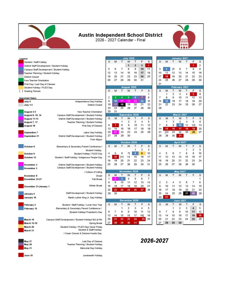 Austin ISD Calendar 2026-2027 | AISD Holidays