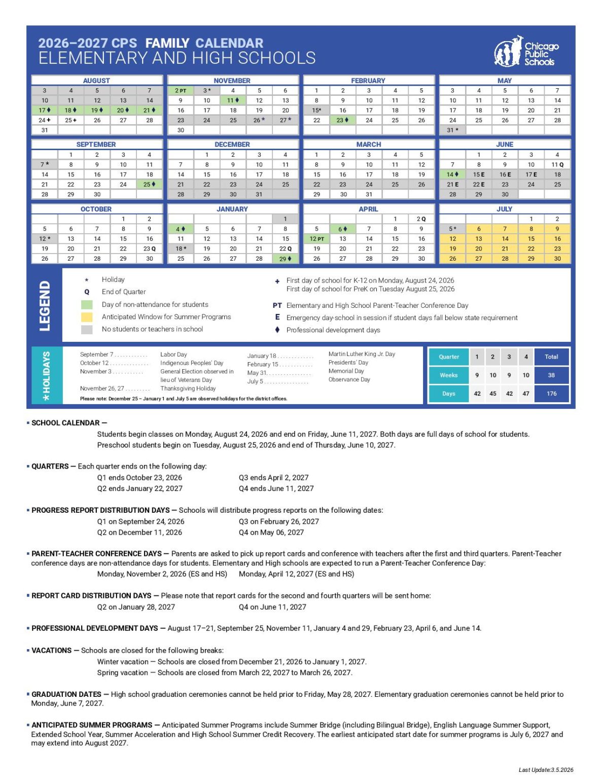 Chicago Public Schools Calendar 2026-2027 | CPS Holidays
