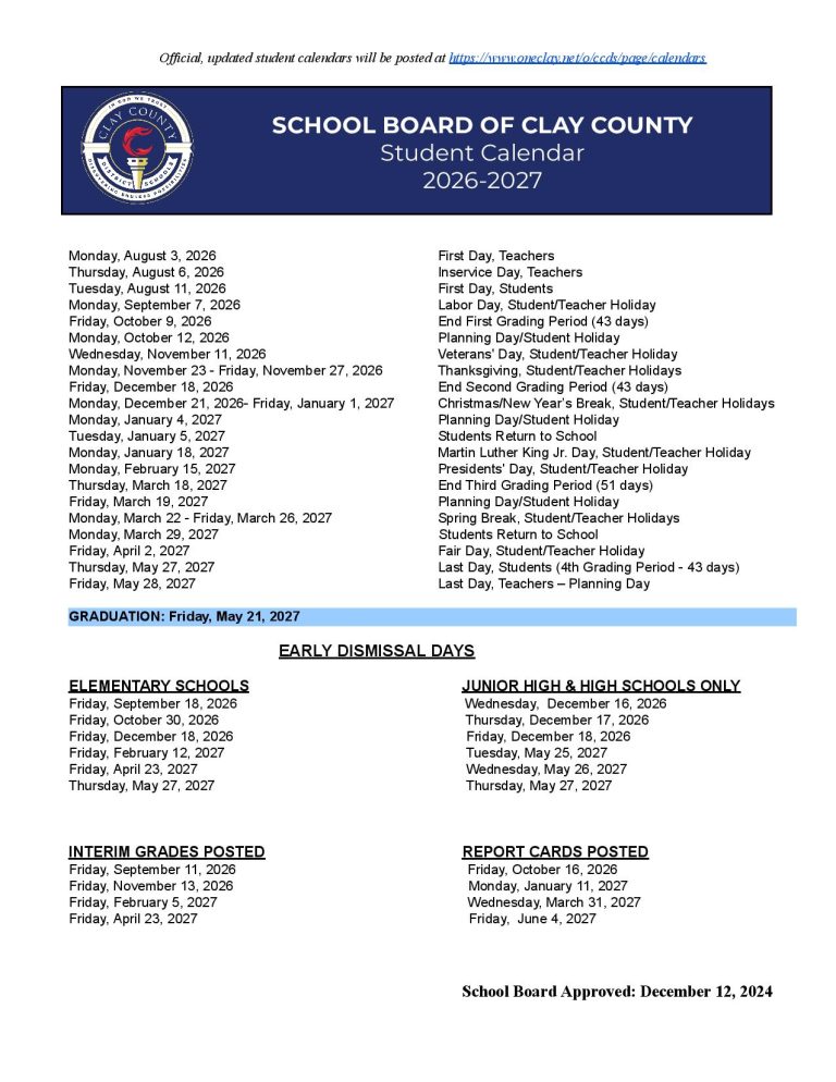 Clay County Schools Calendar 2026-2027 | Academic Holidays