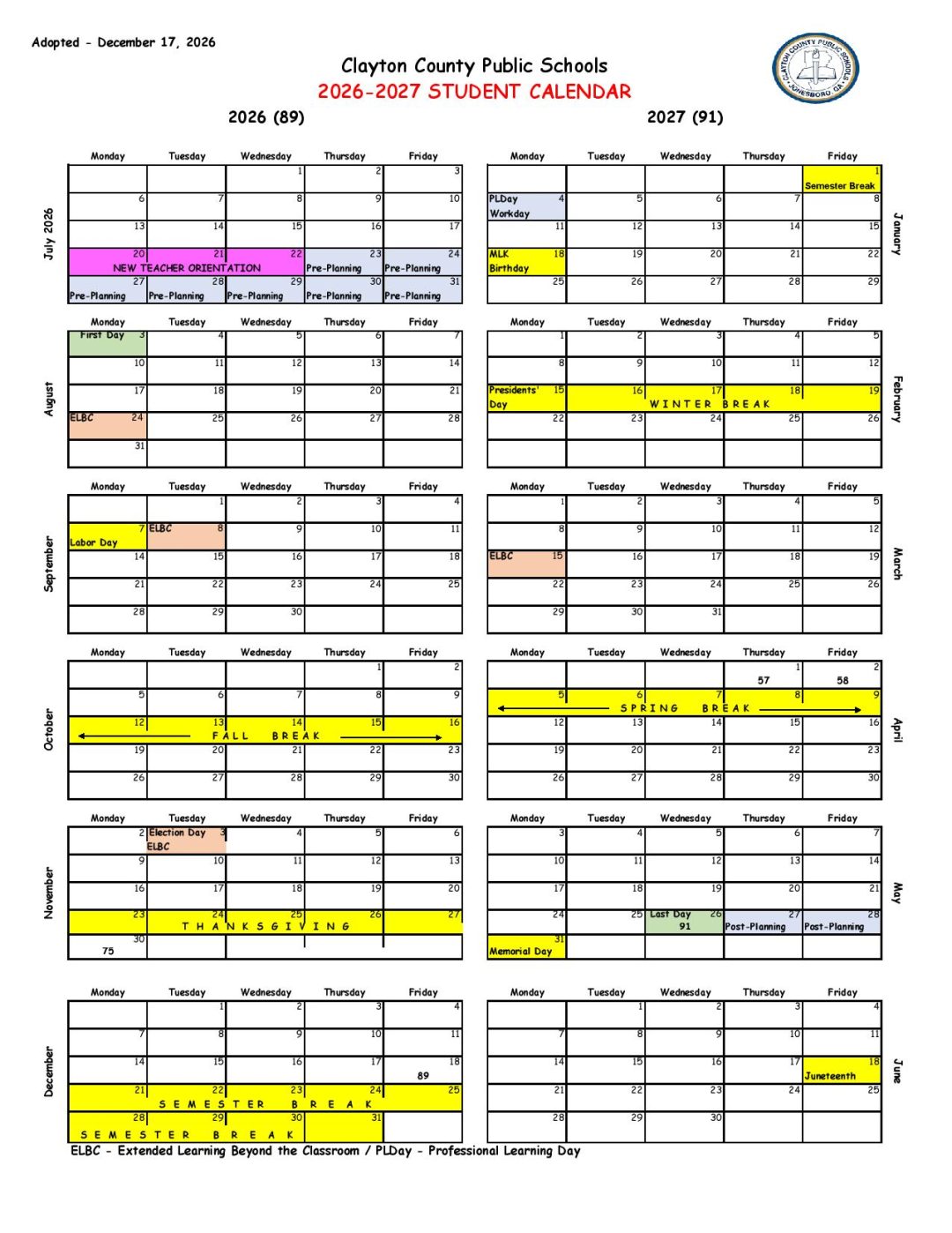 Clayton County Public Schools Calendar 2026-2027 | Holidays