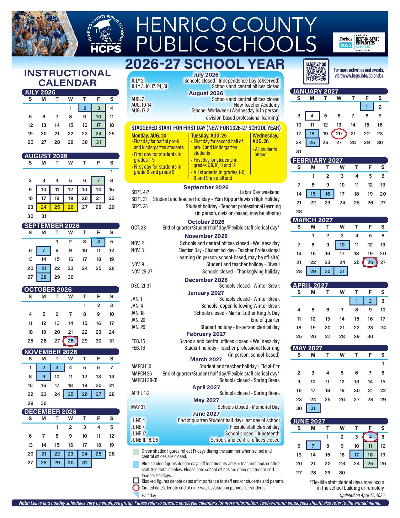 Henrico County Public Schools Calendar 2026-2027 | Holidays