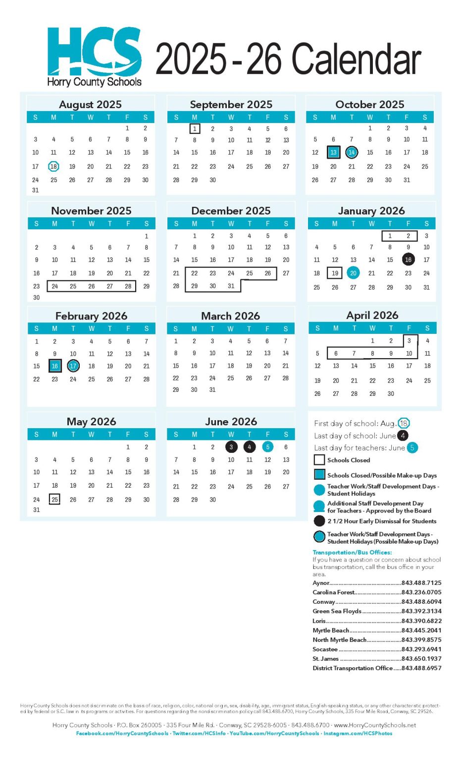 Horry County Schools Calendar 2025-2026 | Holiday Breaks