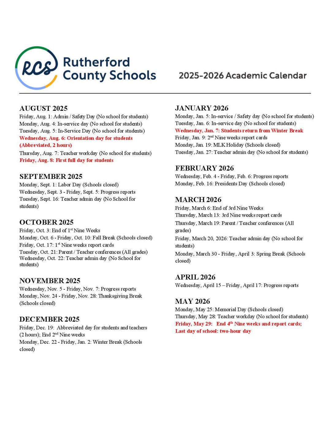 Rutherford County Schools Calendar 2025-2026 | Holiday Break