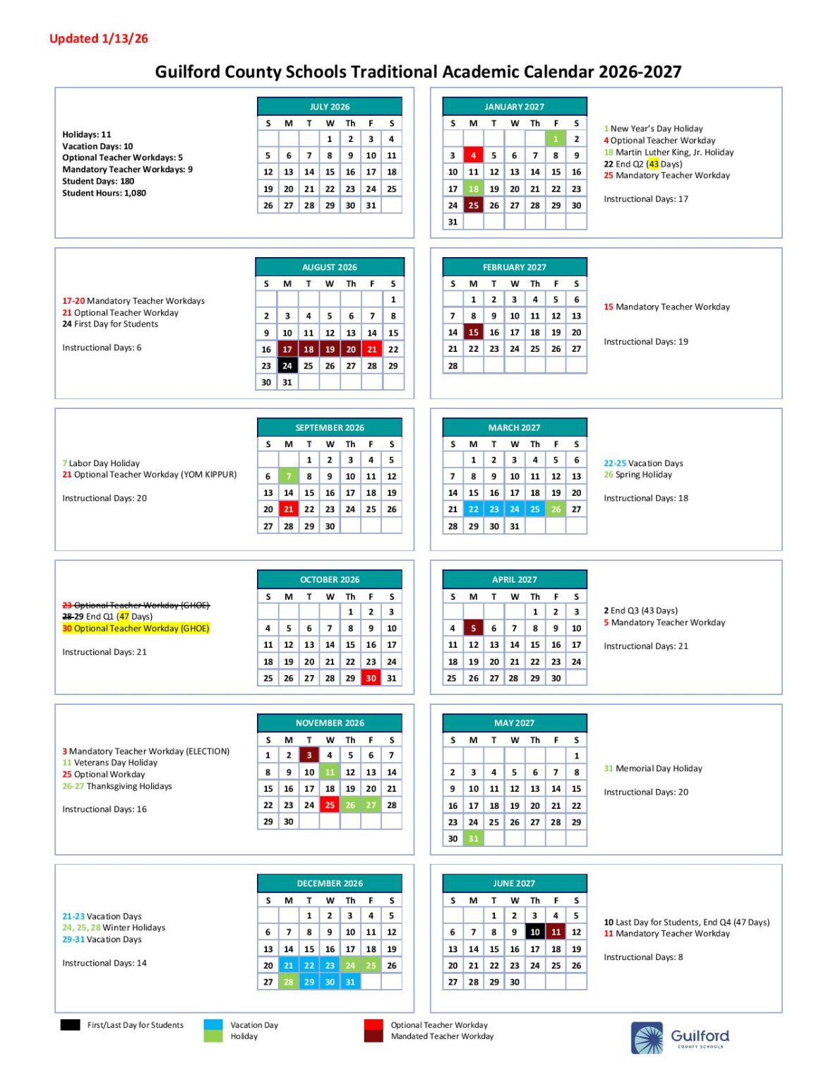 Guilford County Schools Calendar 2026-2027 | Holidays
