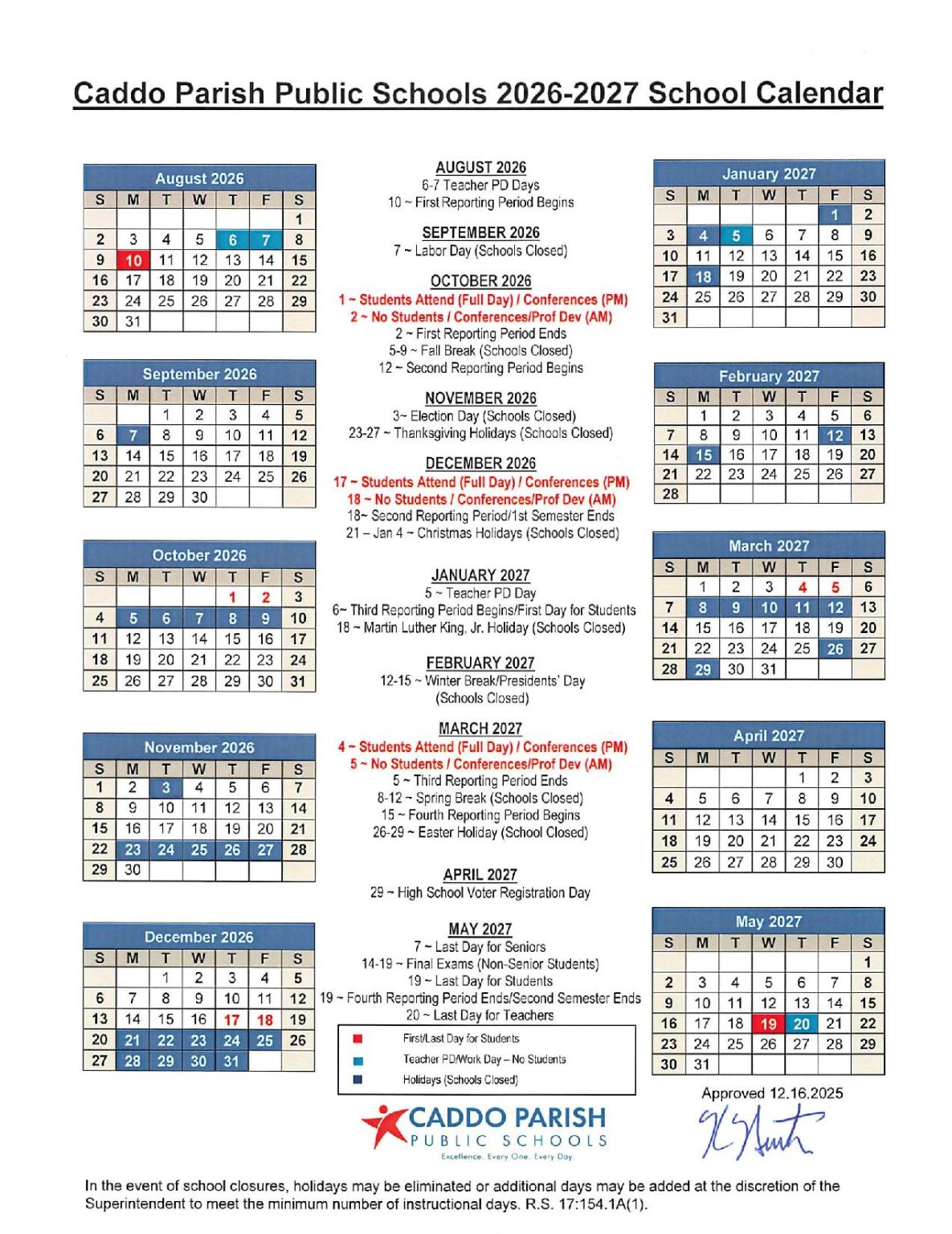 Caddo Public Schools Calendar 2026-2027 | Louisiana