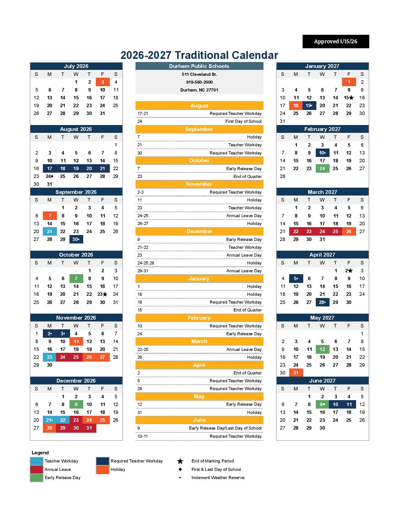 Durham Public Schools Calendar 2026-2027 | North Carolina