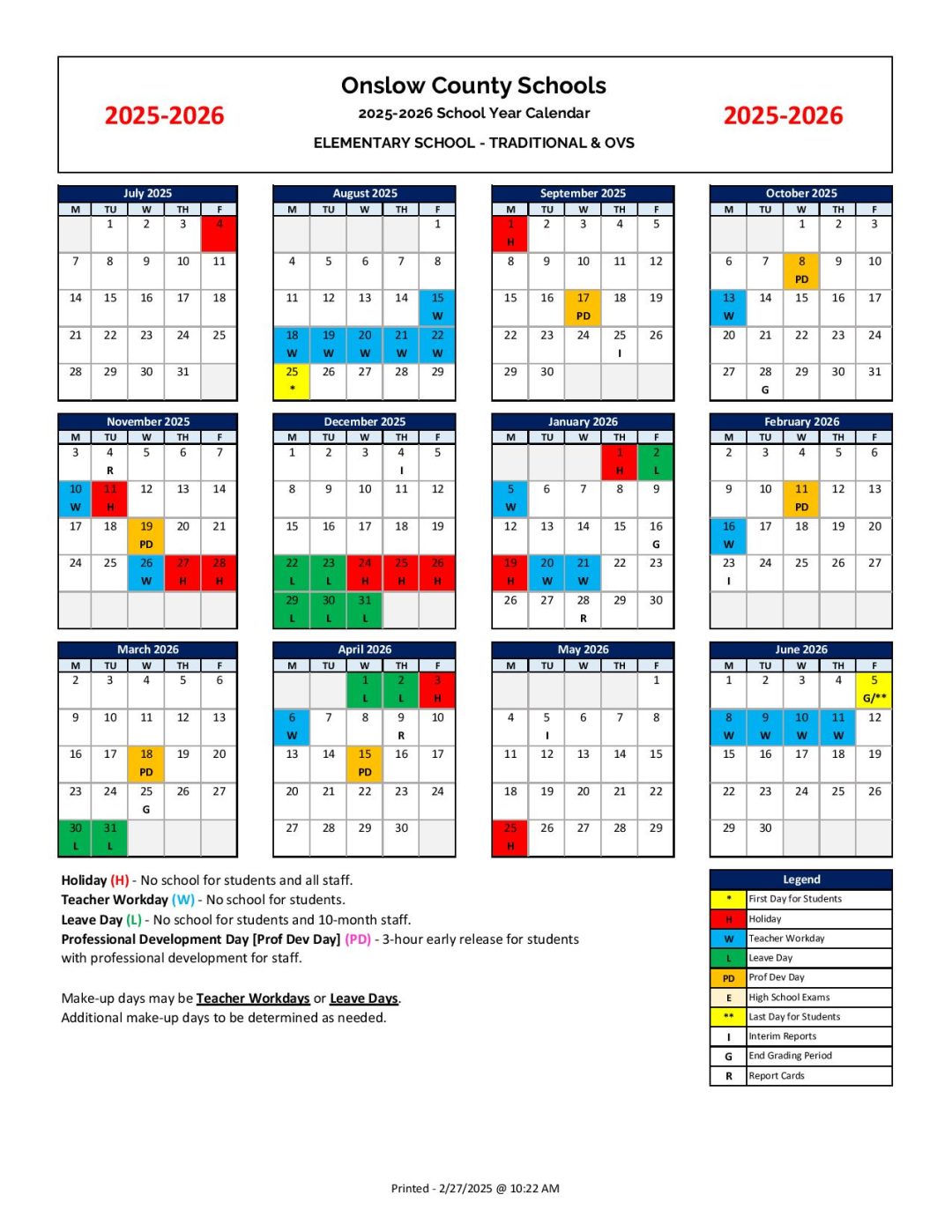 Onslow County Schools Calendar 2025-2026 | Holidays