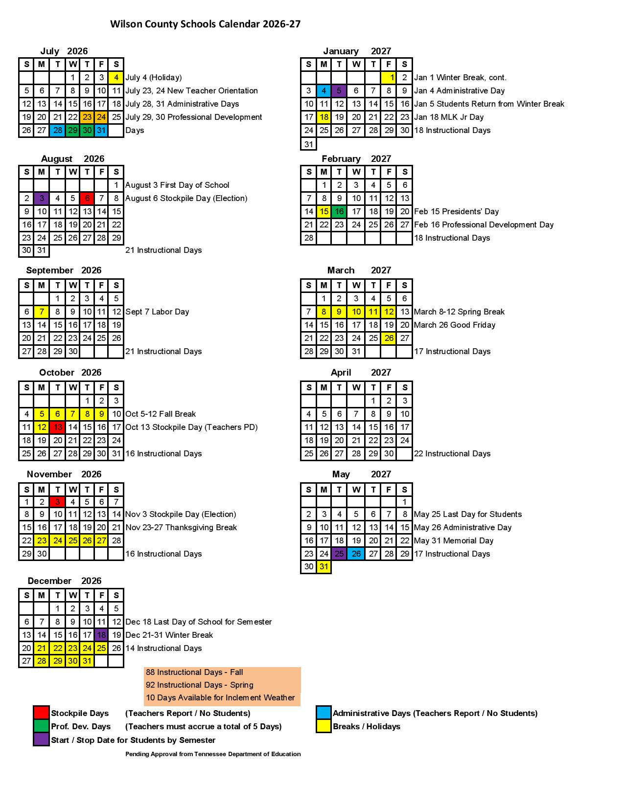 Wilson County Schools Calendar 2026-2027 | Holidays