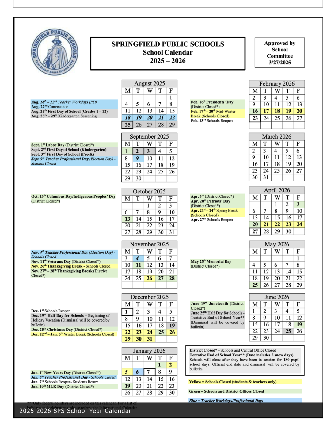 Springfield Public Schools Calendar 2025-2026 | Missouri