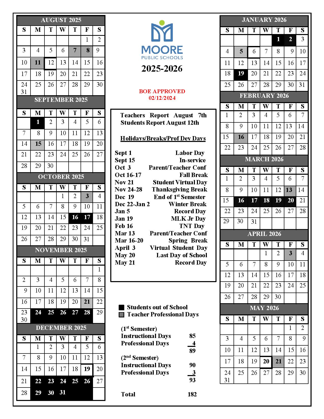 Moore Public Schools Calendar 2025-2026 | Holidays