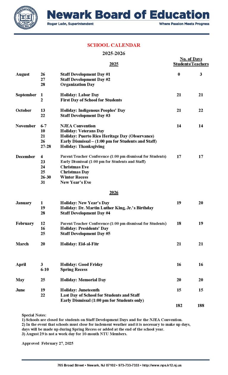 Newark Public Schools Calendar 2025-2026 | Download Now