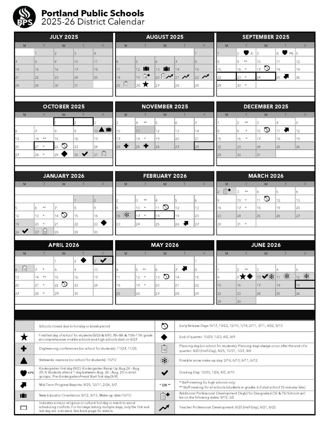 Portland Public Schools Calendar 2025-2026 | Holidays