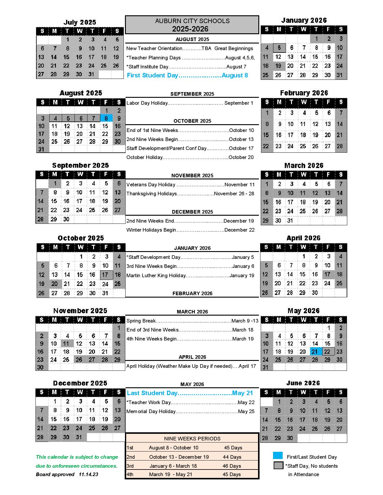 Auburn City Schools Calendar 2025-2026 | Holidays
