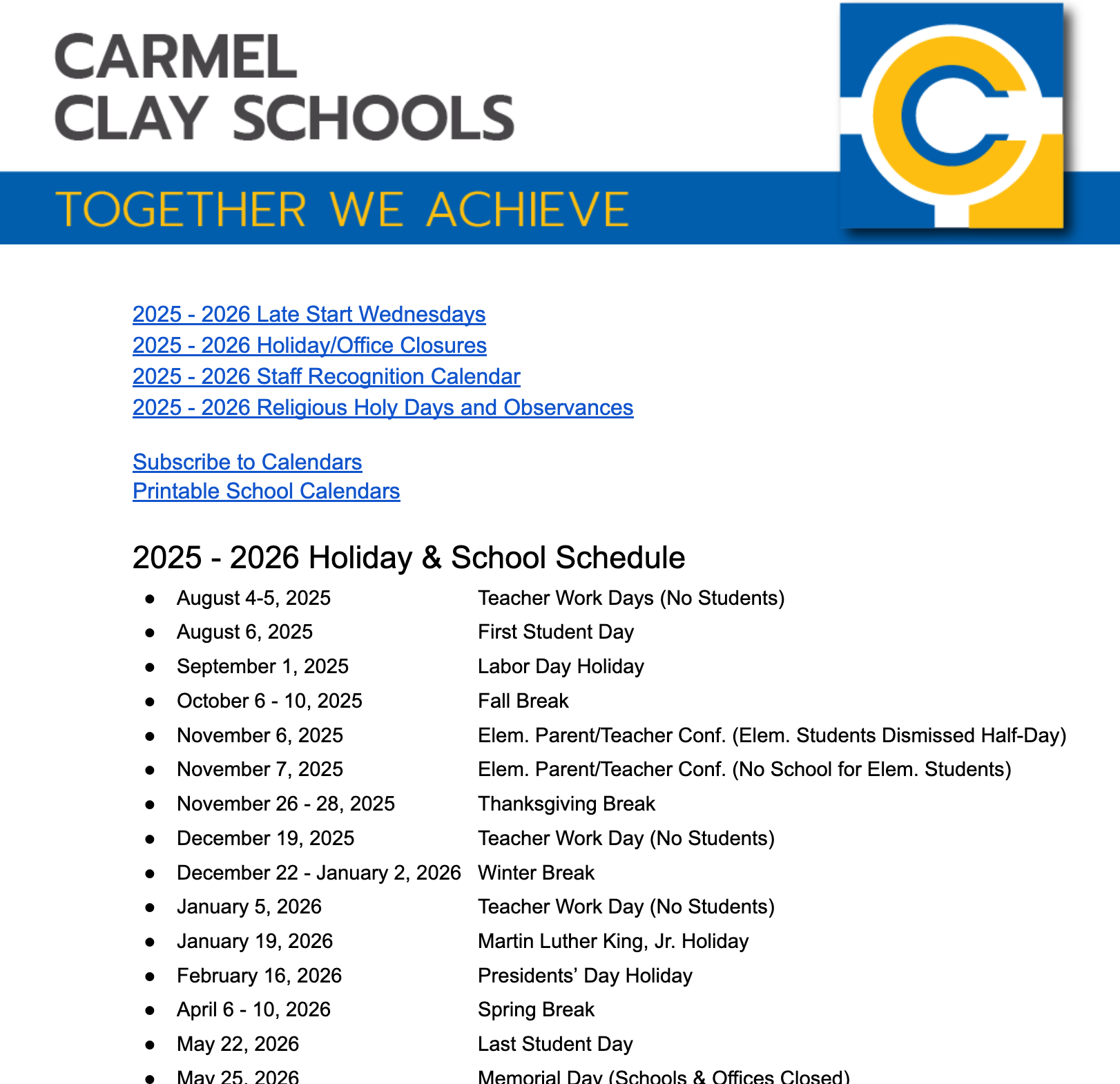 Carmel Clay Schools Calendar 2025-2026 | Holidays