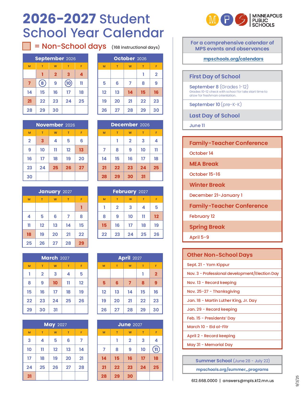 Minneapolis Public Schools Calendar 2026-2027 | Holidays