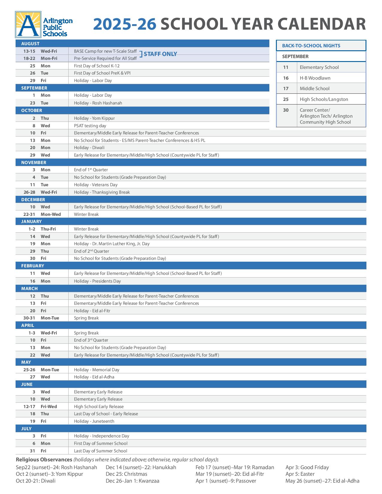 Arlington VA Public Schools Calendar 2025-2026 | Download Now