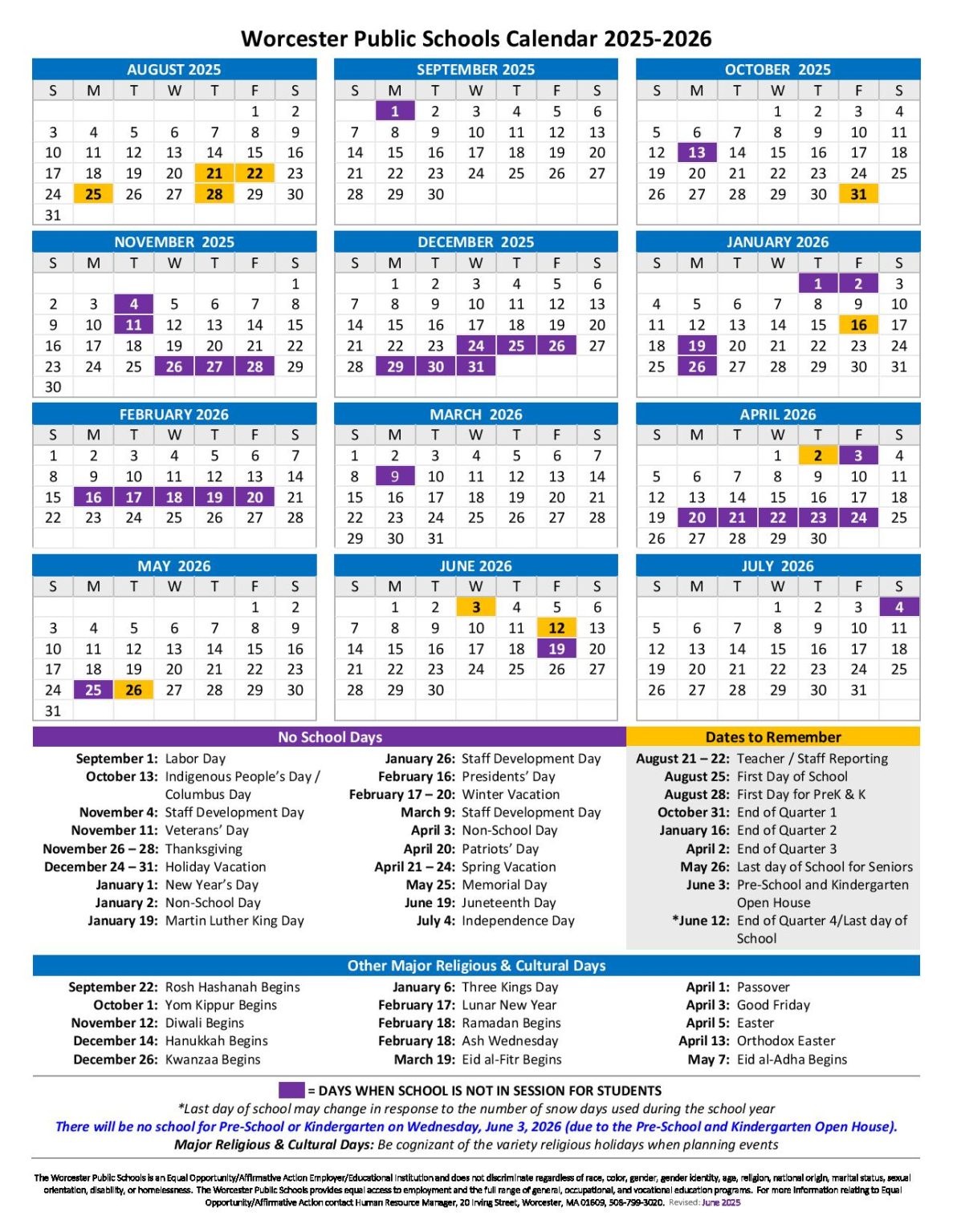 Worcester Public Schools Calendar 2025-2026 | Holidays
