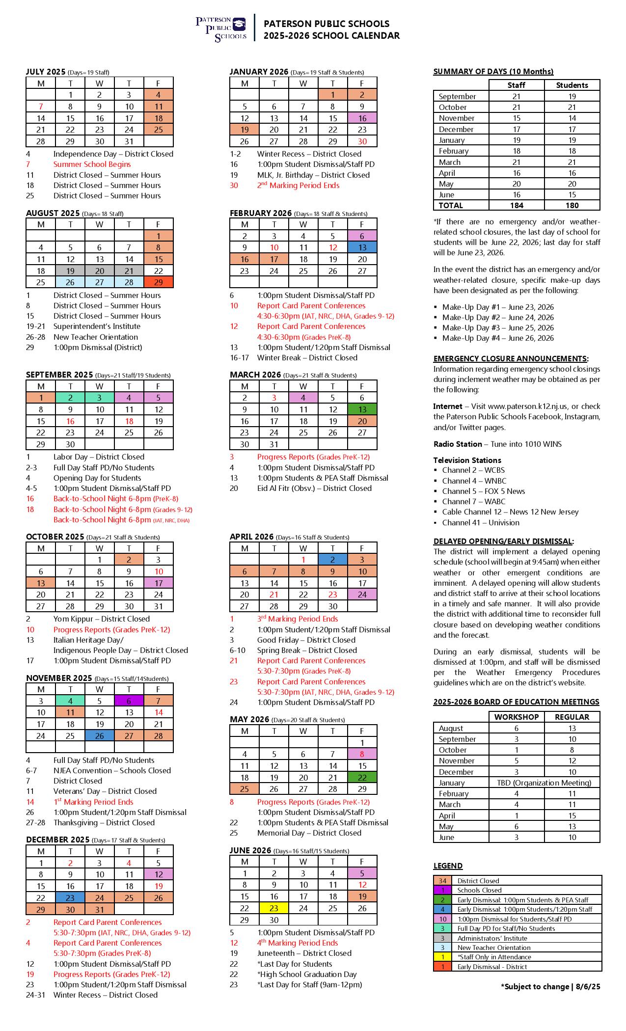 Paterson Public Schools Calendar 2025-2026 | Holidays
