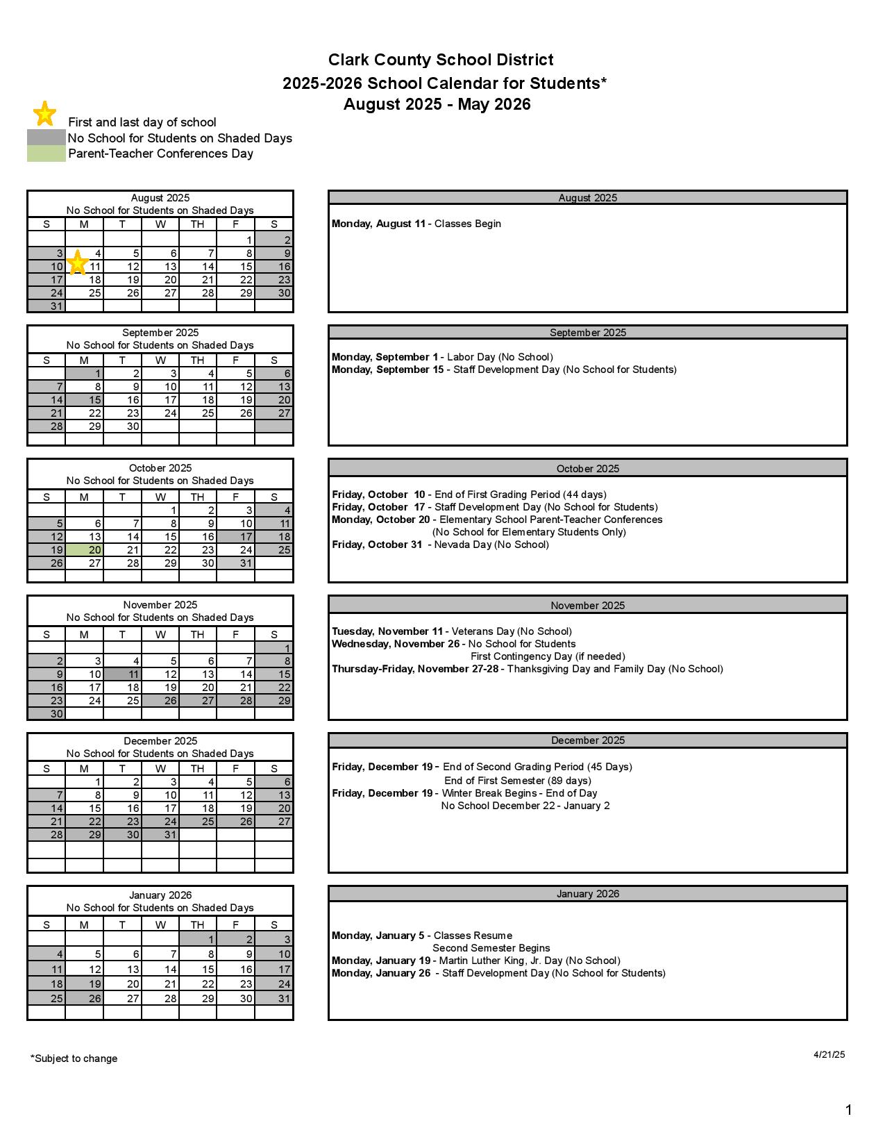 Clark County Schools Calendar 2025-2026 | Holidays