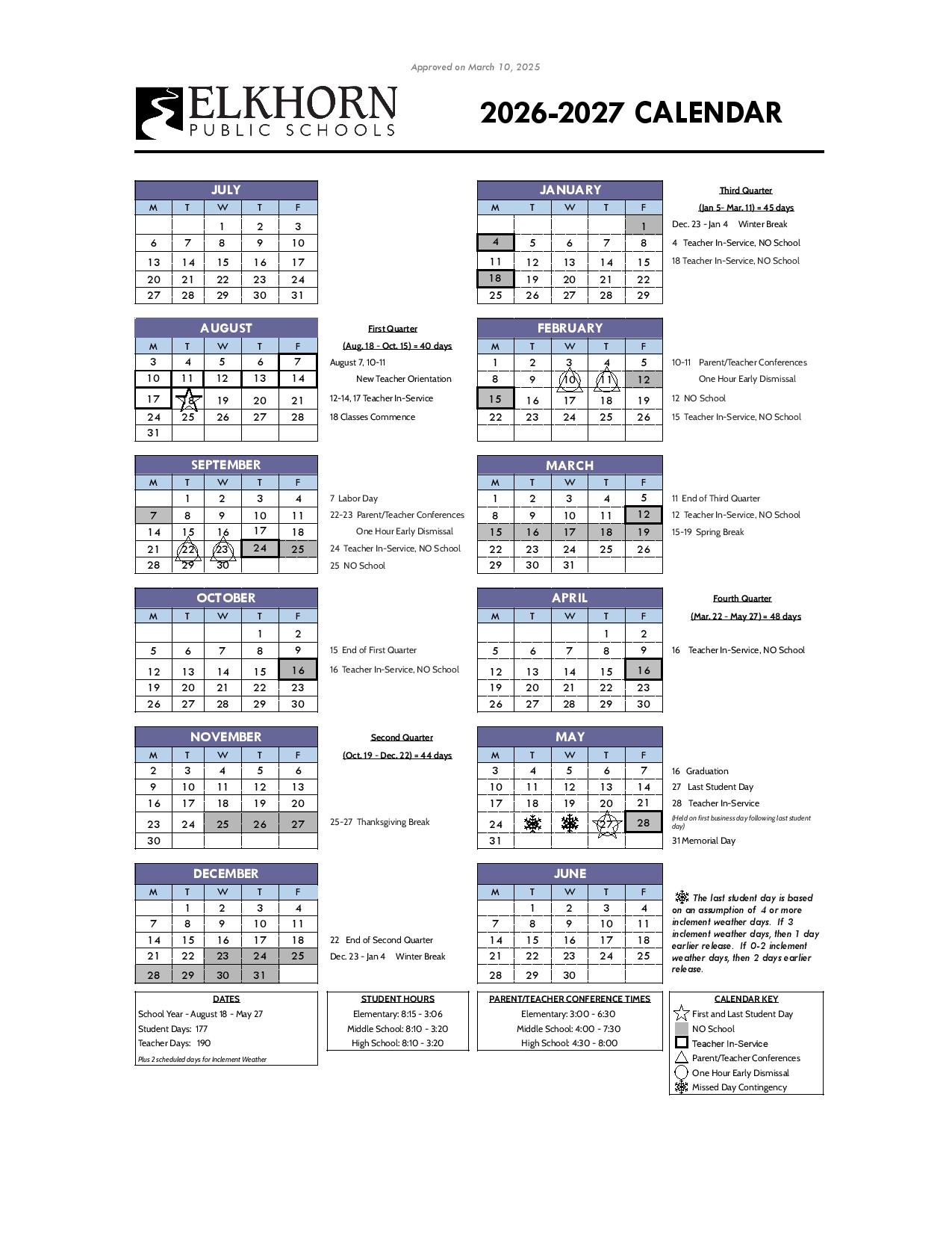 Elkhorn Public Schools Calendar 2026-2027 | Holidays