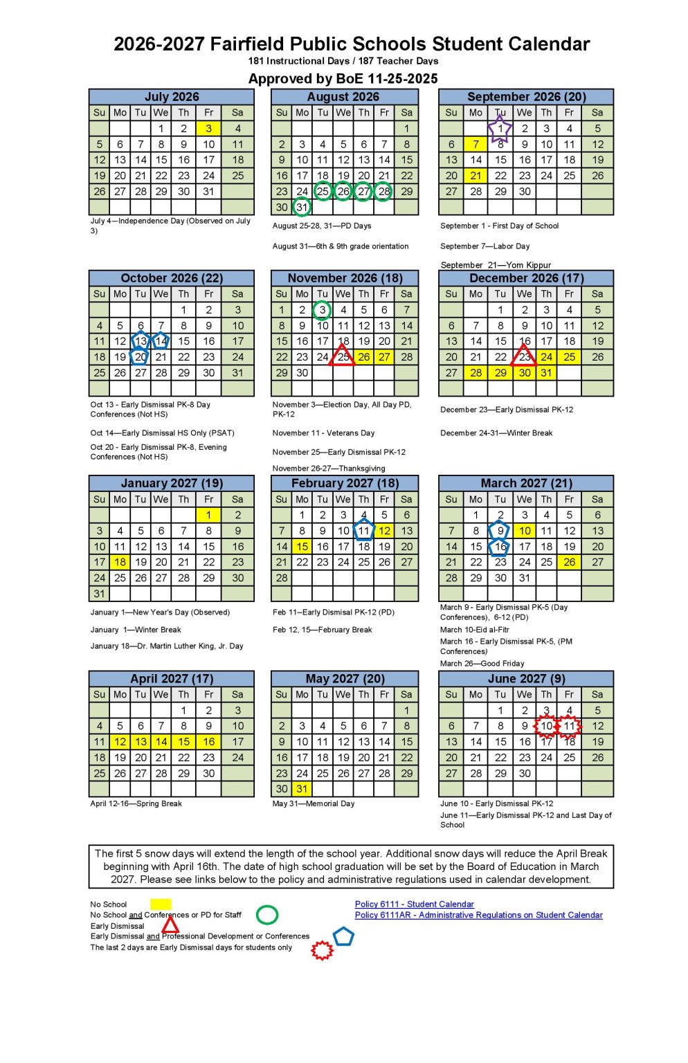Fairfield Public Schools Calendar 2026-2027 | Holiday Breaks