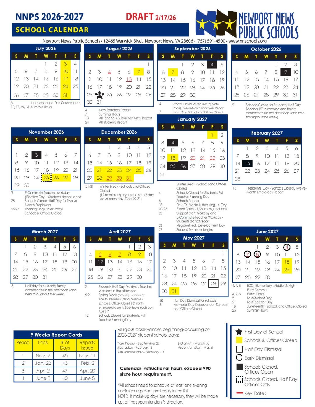 Newport News Public Schools Calendar 2026-2027