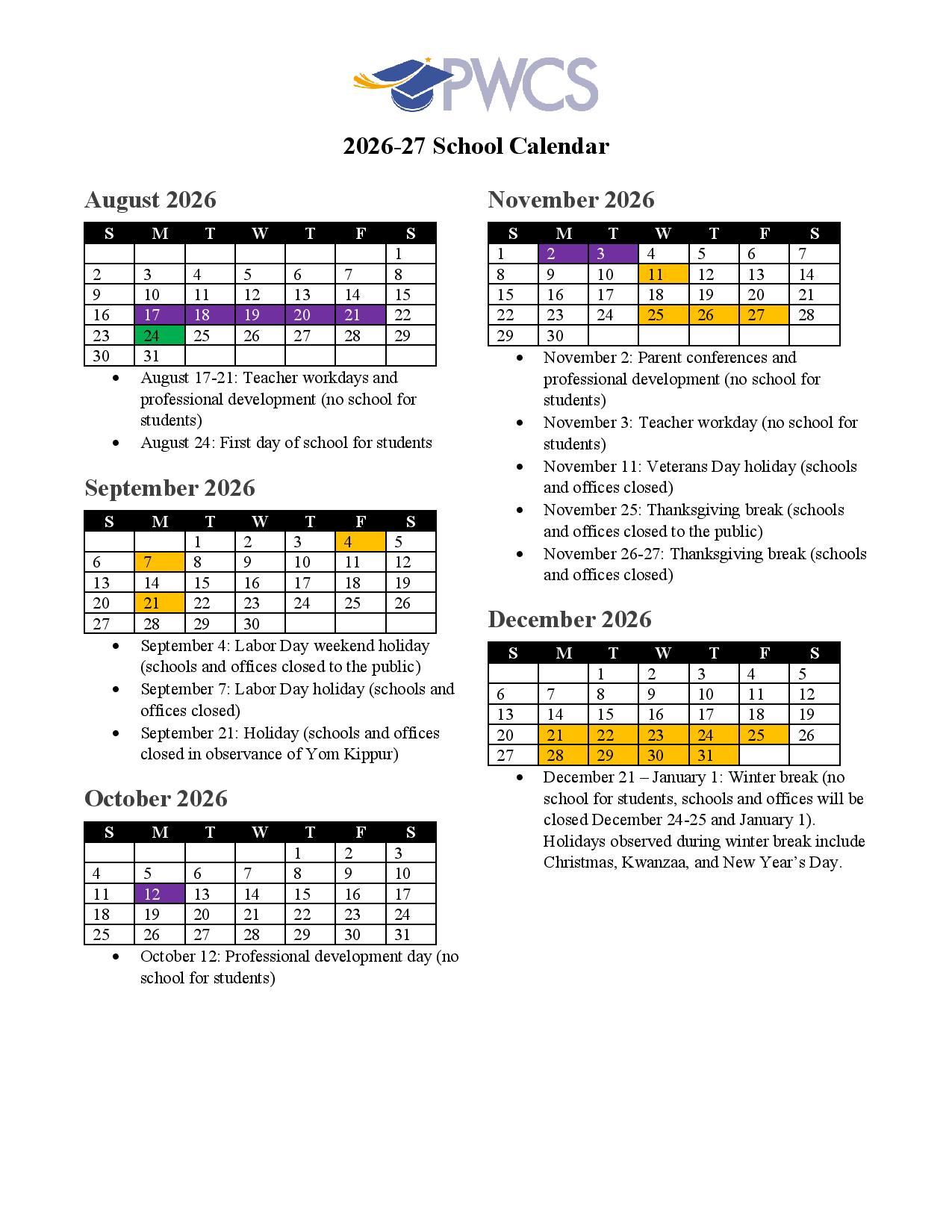 Prince William County Schools Calendar 2026-2027 | Holidays