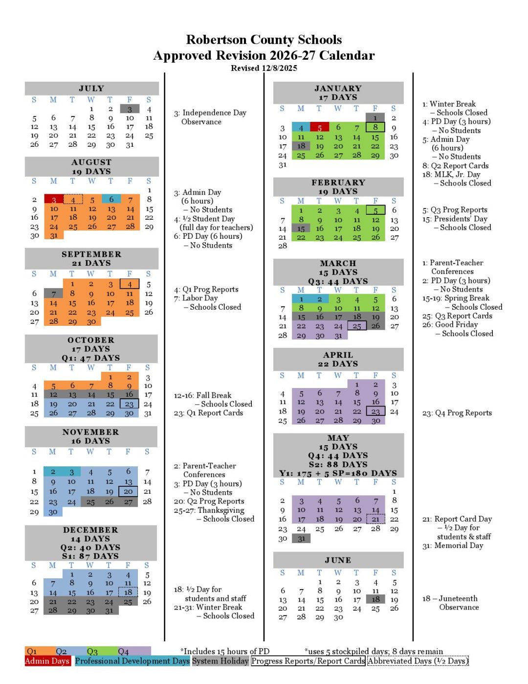 Robertson County Schools Calendar 2026-2027 | District Calendar