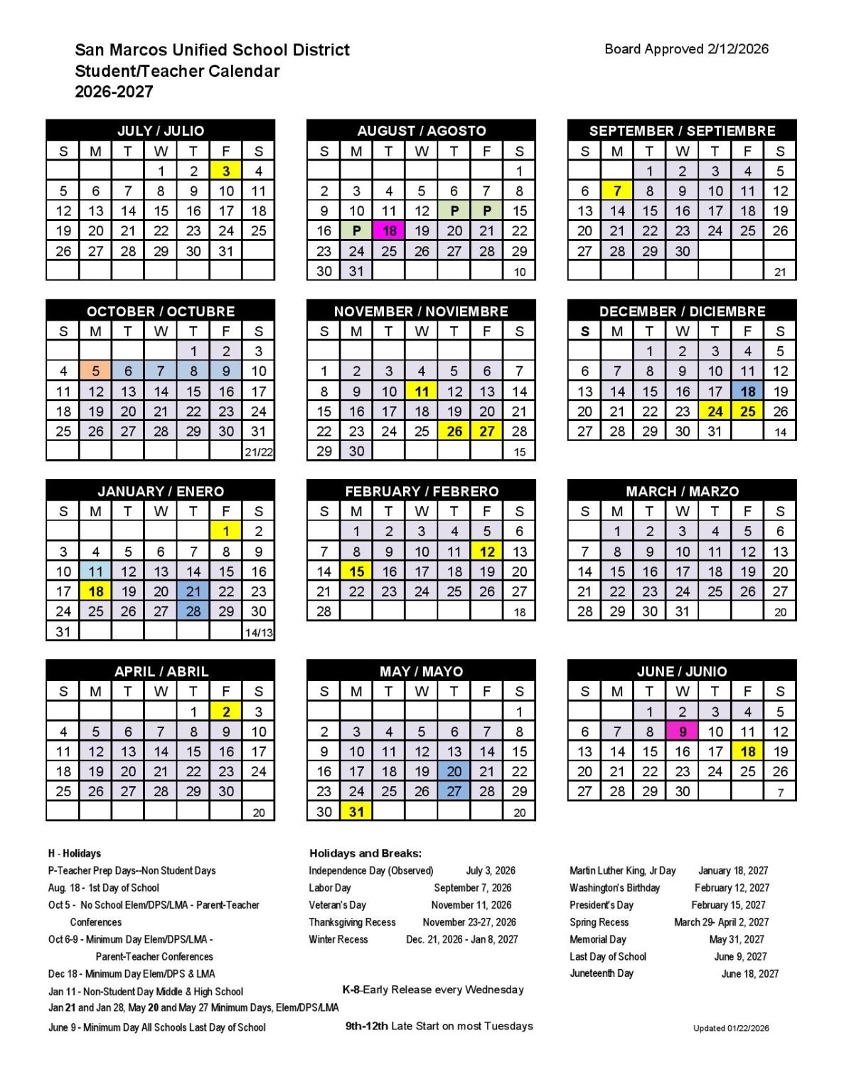 San Marcos Unified School District Calendar 2026-2027