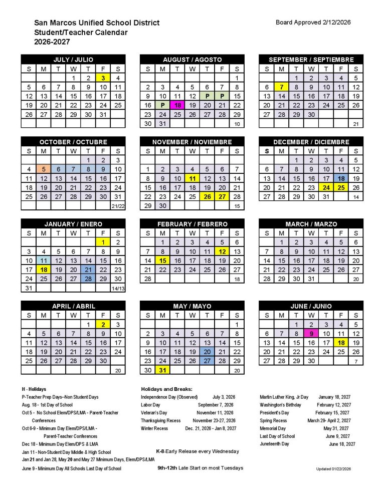 San Marcos Unified School District Calendar 2026-2027