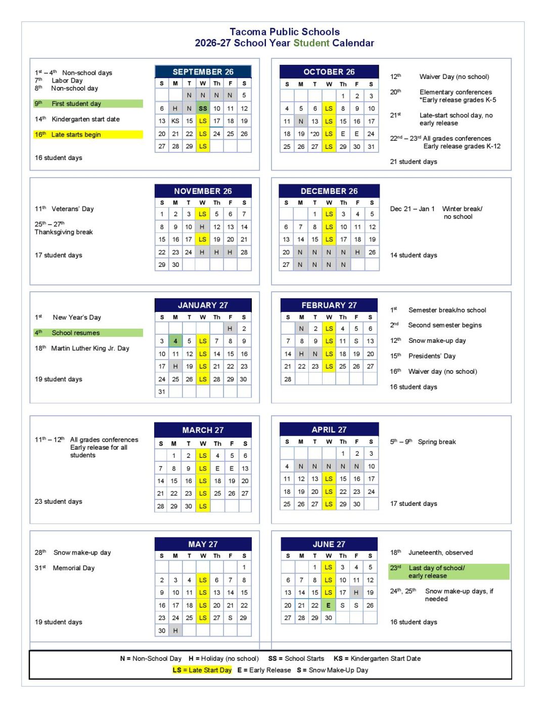 Tacoma Public Schools Calendar 2026-2027 | Holidays