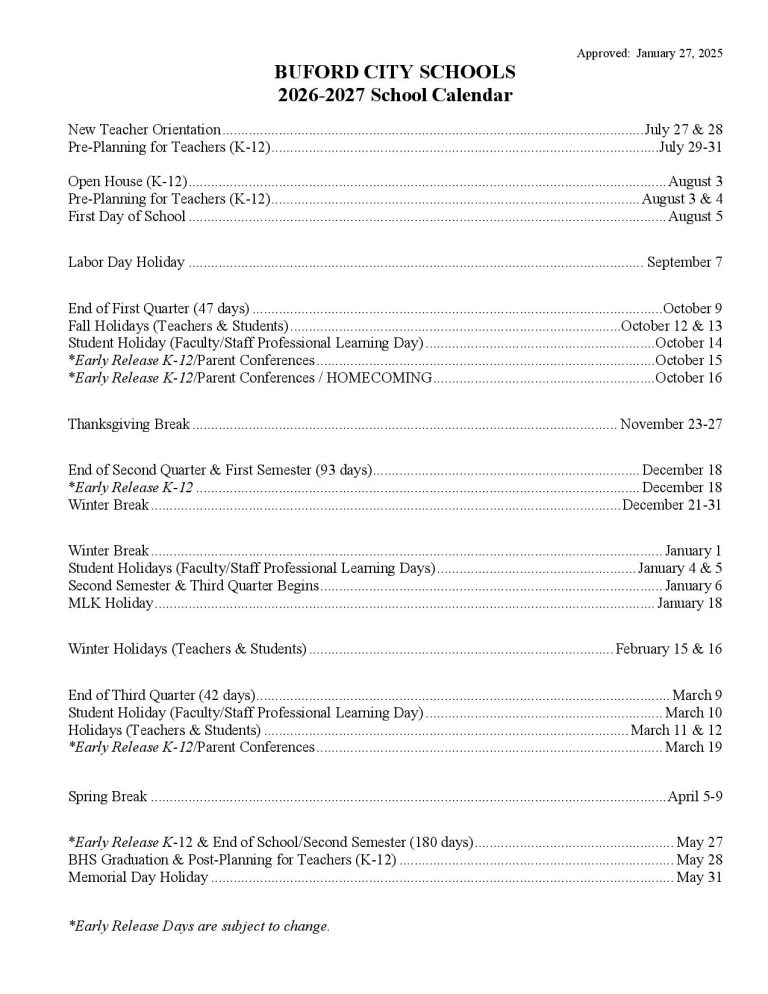 Buford City School District Calendar 2026-2027 | Holidays