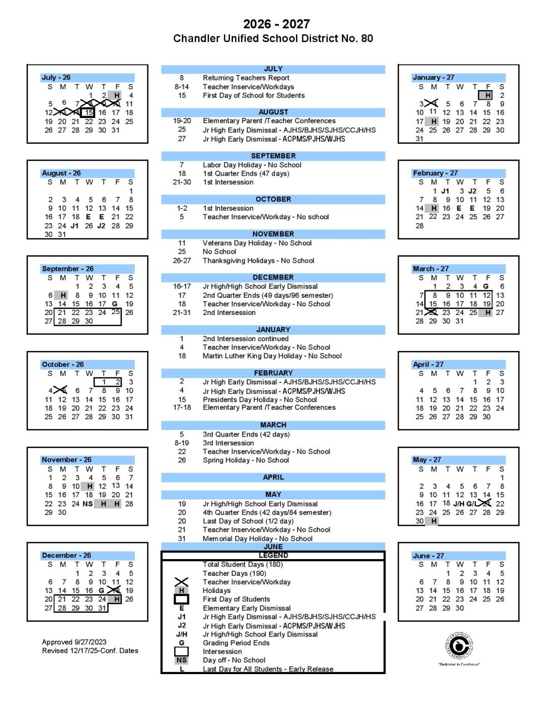 Chandler Unified School District Calendar 2026-2027