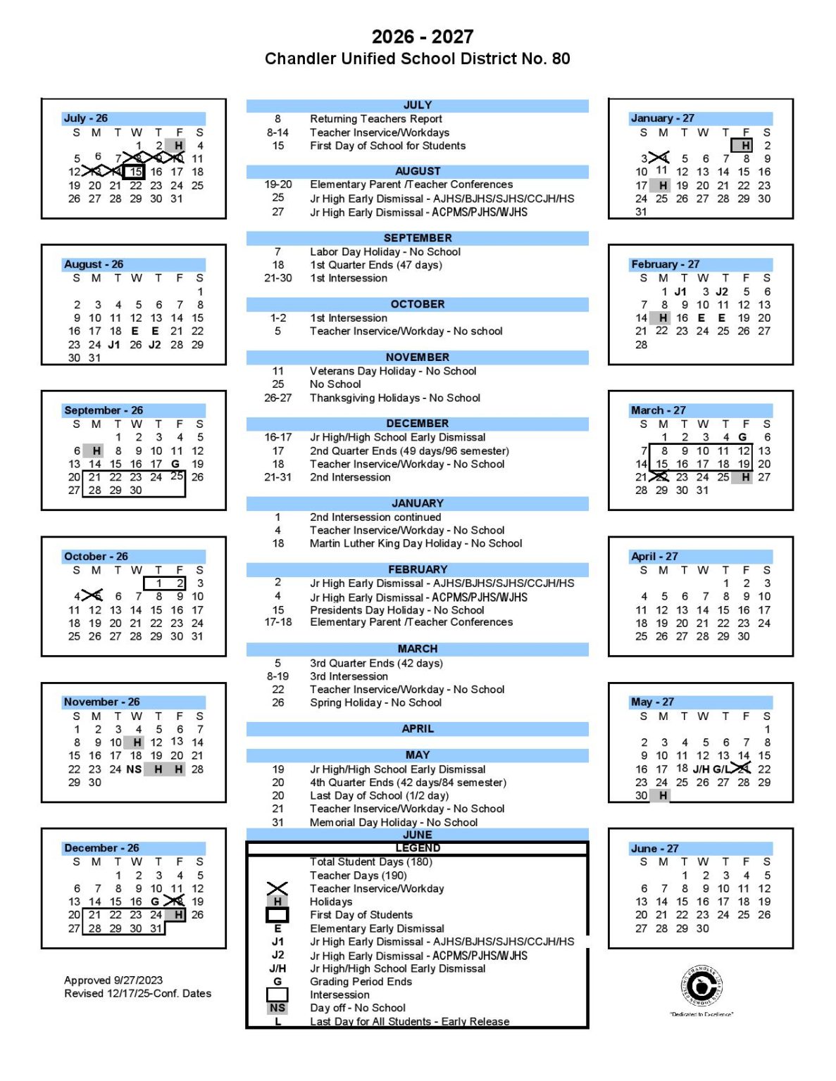 Chandler Unified School District Calendar 2026-2027