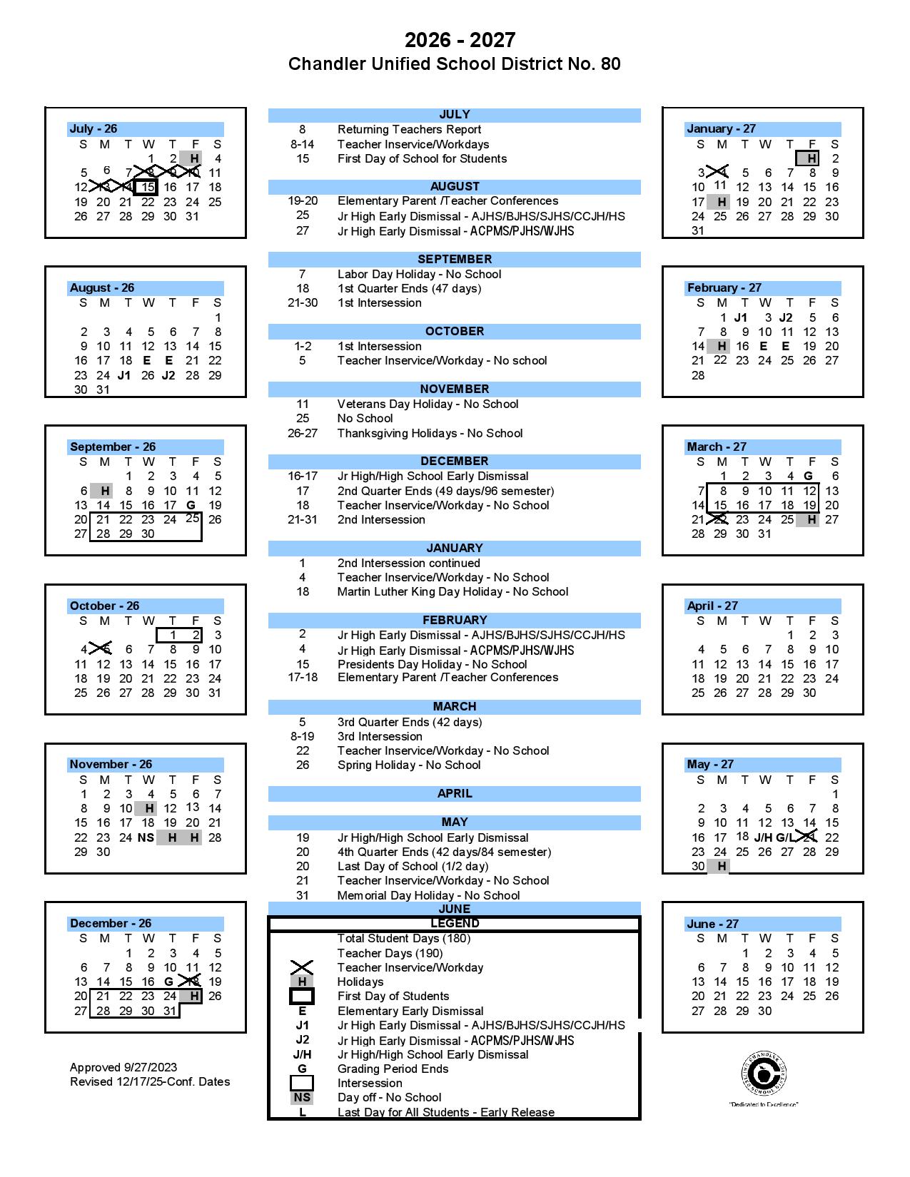 Chandler Unified School District Calendar 2026-2027