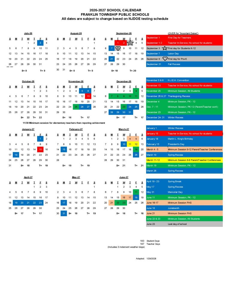 Franklin Township School Calendar 2026-2027 | Holiday Breaks